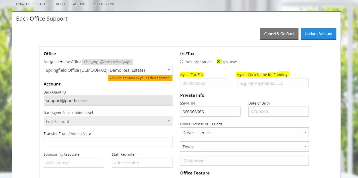 Add IRS/TAX EIN and LLC to a profile (Workspace)
