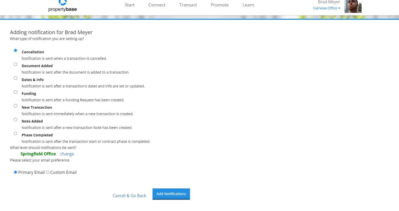 Set up transaction notifications (Workspace)