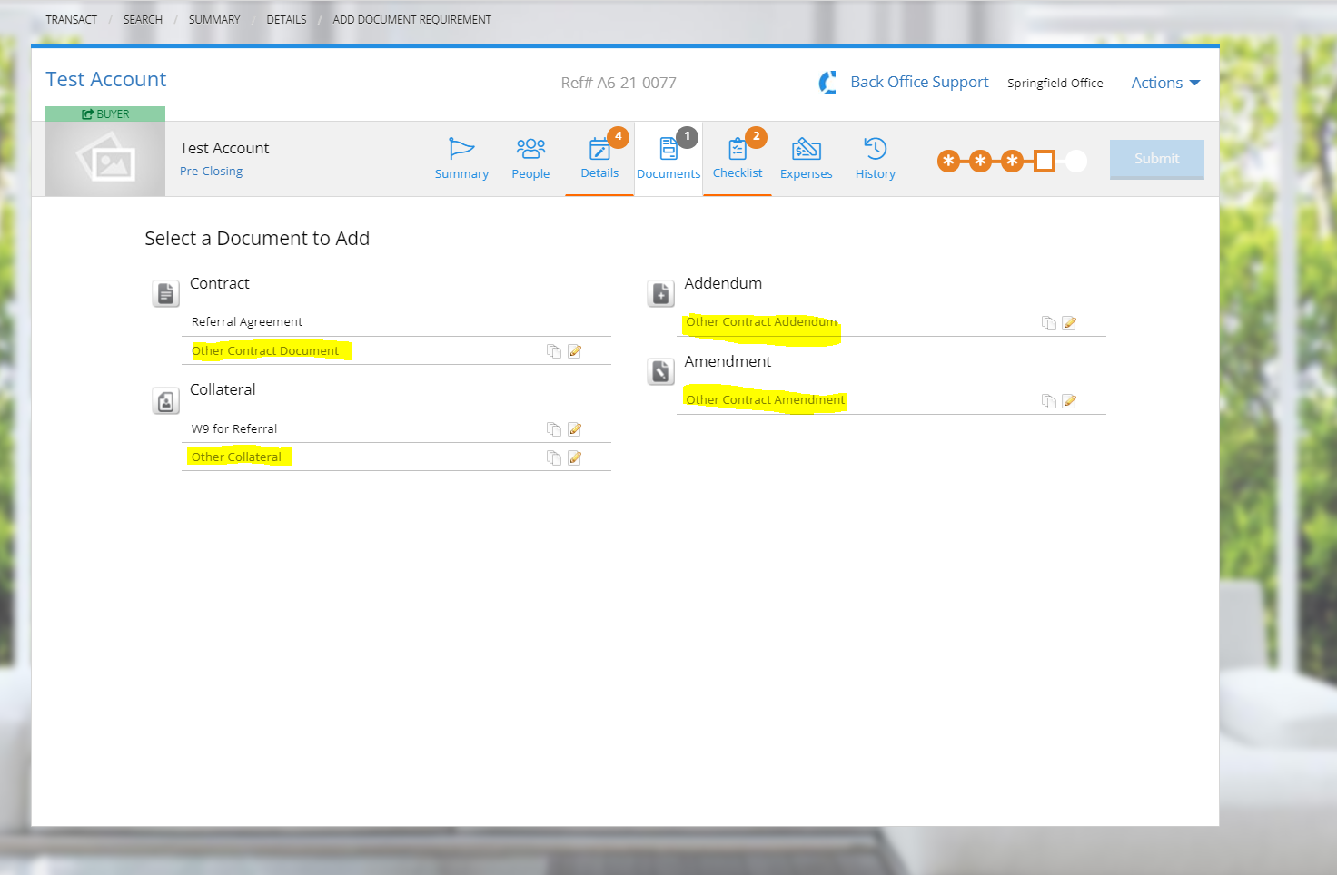 Add document requirements to an individual transaction (Workspace)