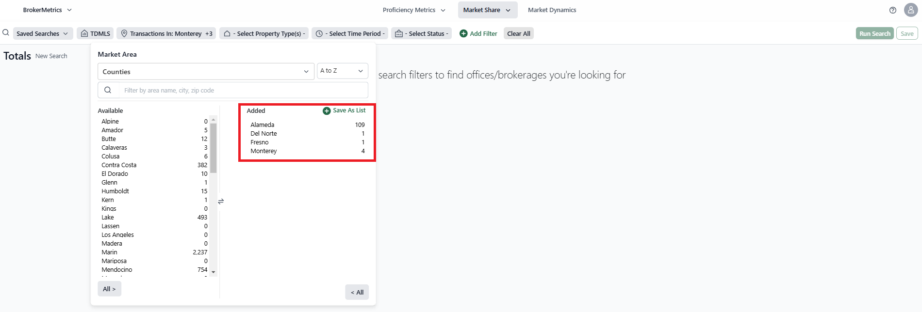Create, run, and save a Market Share Totals search (BrokerMetrics)