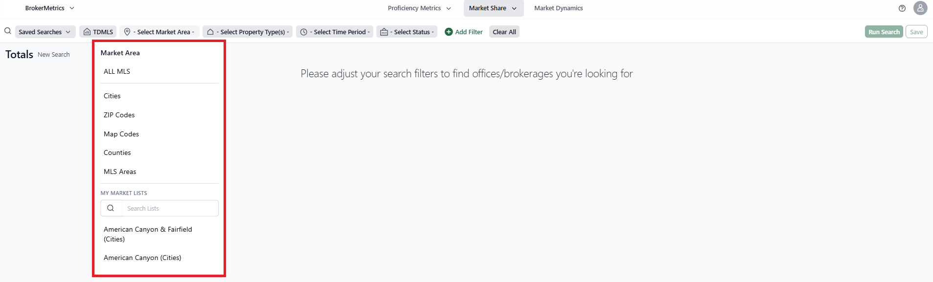 Create, run, and save a Market Share Totals search (BrokerMetrics)