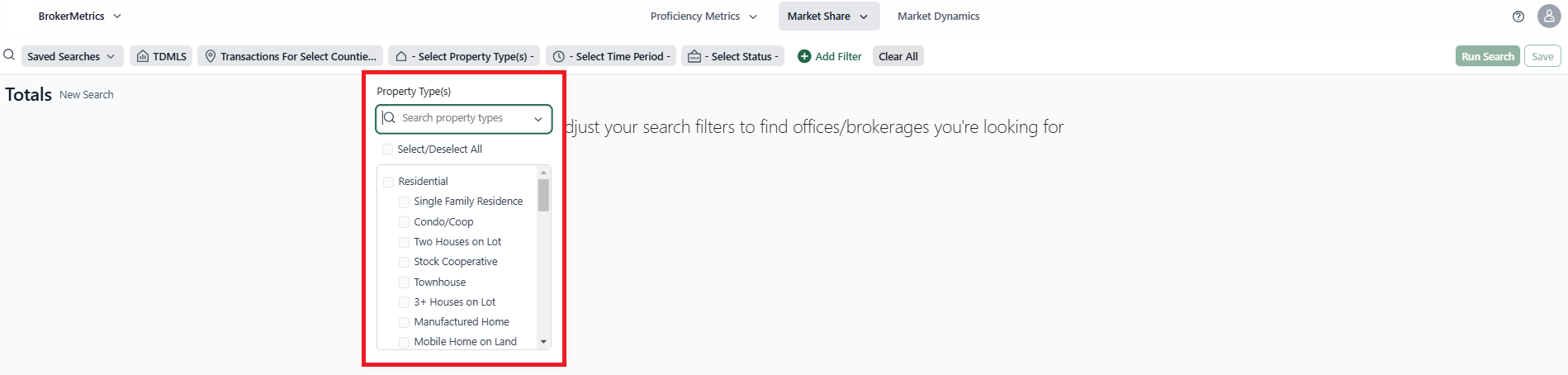 Create, run, and save a Market Share Totals search (BrokerMetrics)