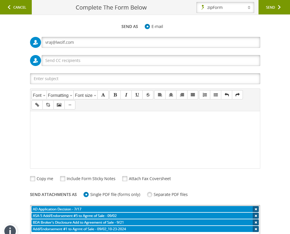 Email a document or form (zipForm Edition)